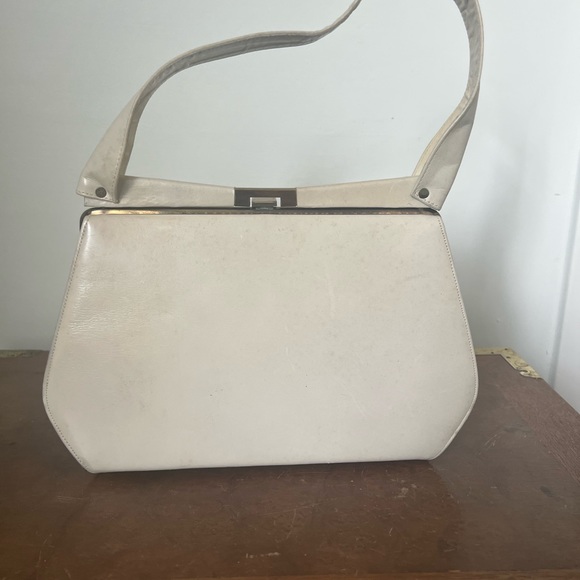 Vintage | Bags | Vintage Top Handle Leather Kitschy Ecru Handbag 96s ...
